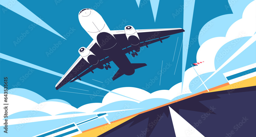 Plane taking off. Airplane departure or landing on airport runway ...