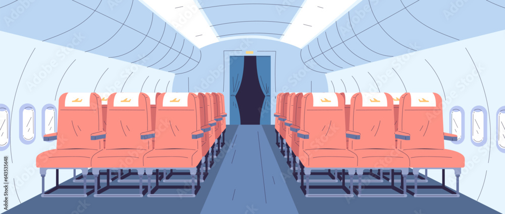 Airplane interior. Aircraft seat aisle inside cabin plane, travel ...