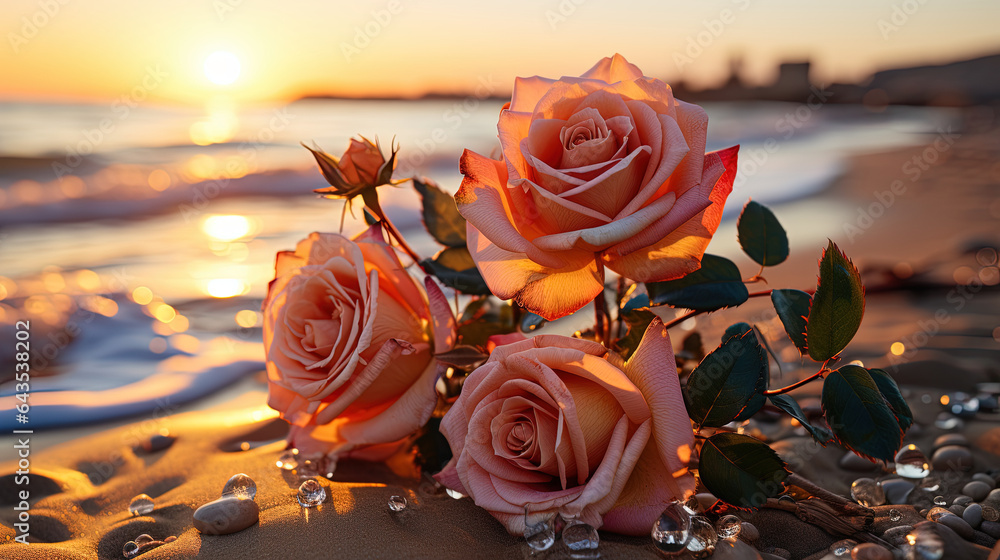 Pink rose being washed away by waves at a beach at sunset, with a ...
