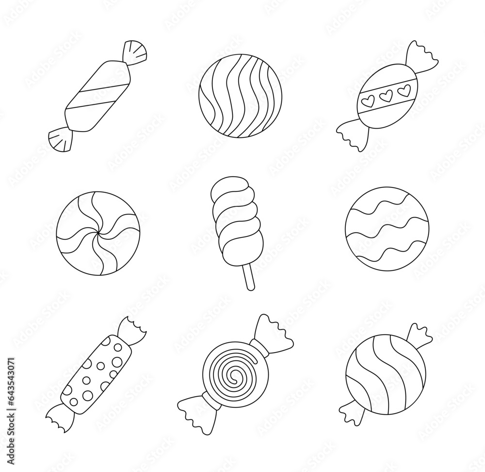 Sweet candies. Coloring Page. Lollipop, sugar caramel in wrapper, gums ...