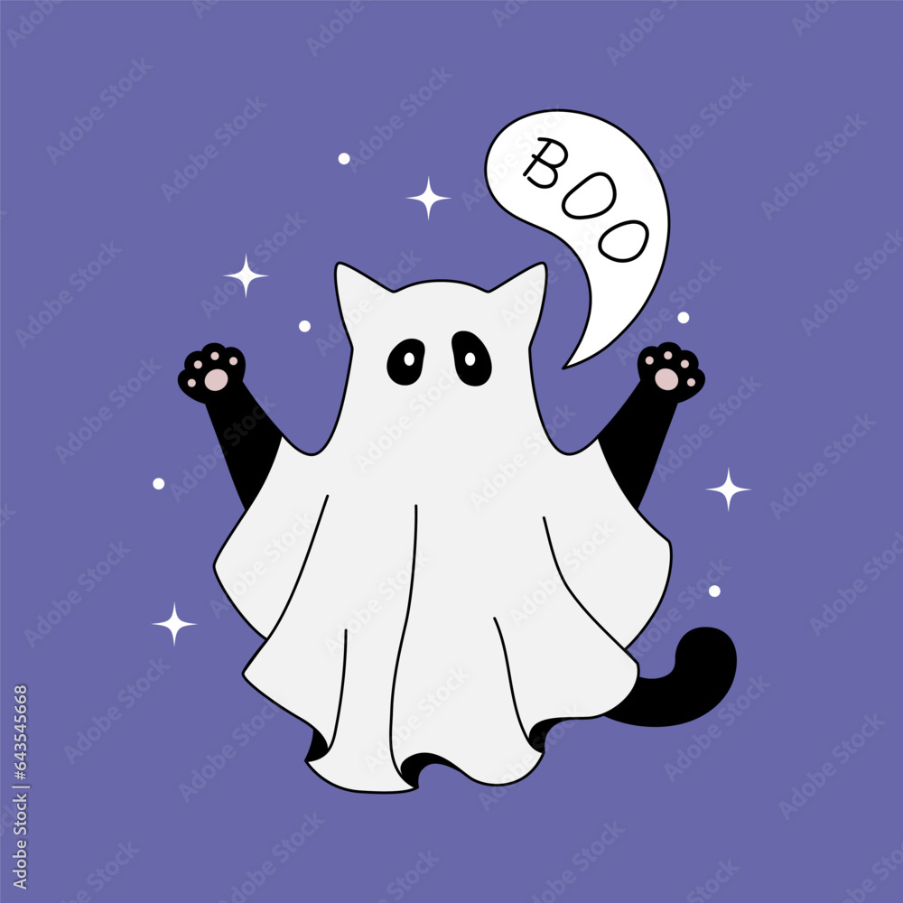 Cute ghost cat halloween theme flat vector illustration. Stock Vector ...
