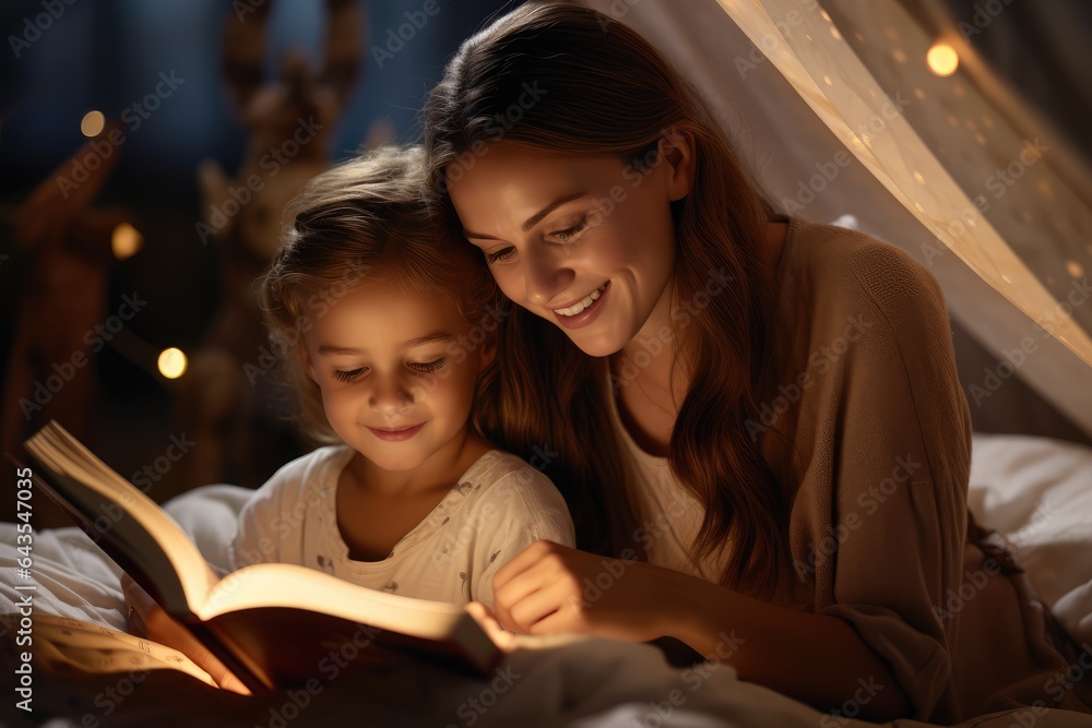 Mother reading a bedtime story to her child, a scene of warmth and love ...