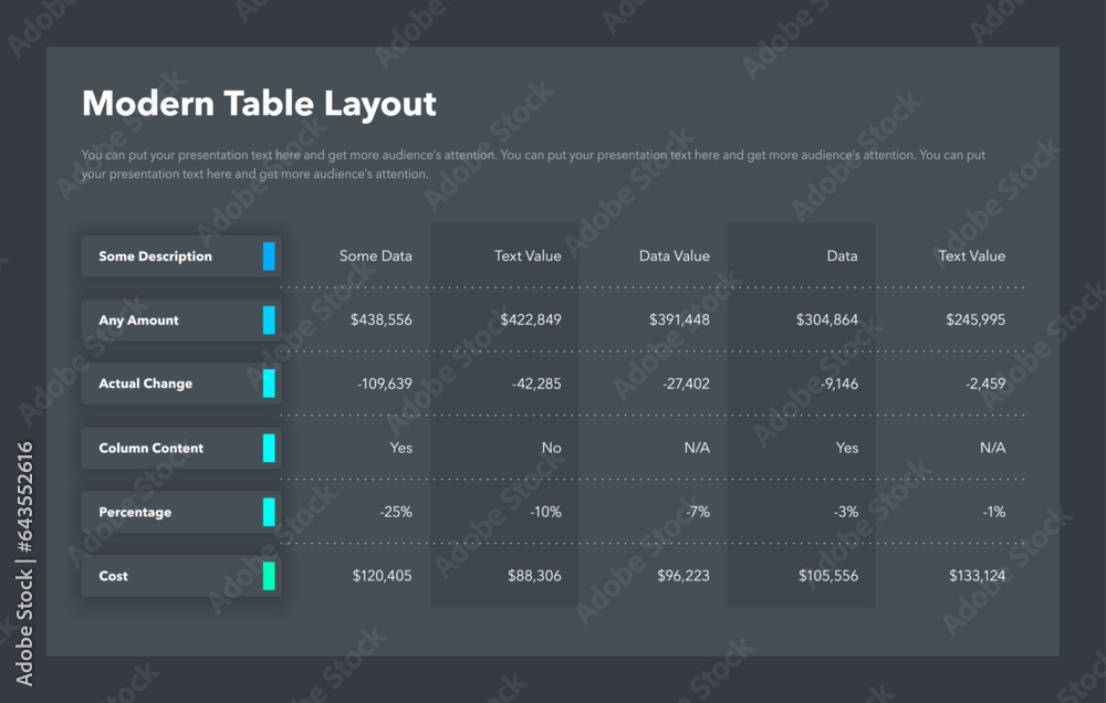 Modern table layout template with six colorful rows - dark version ...