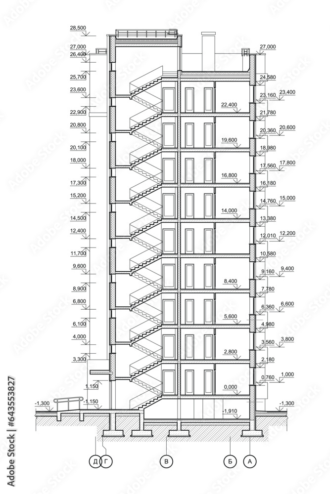 Vector Architectural Project Of A Multistory Building Facades And Cross Section Stock Vector