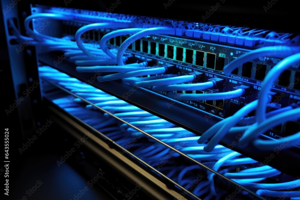 Server room with switch, internet cables and wires. Fiber optic ...