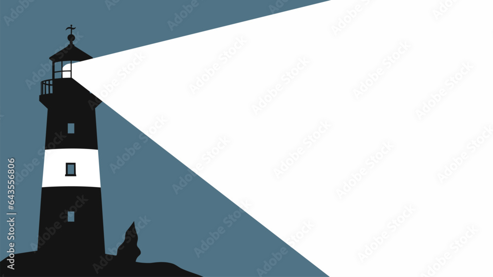 Flat poster with lighthouse and light. Sea ocean lighthouse. Nautical ...