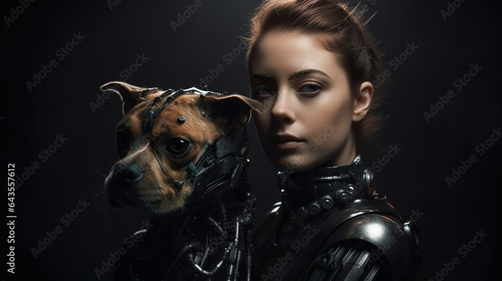 Beautiful female robot with her robotic metal sniffer dog at work ...