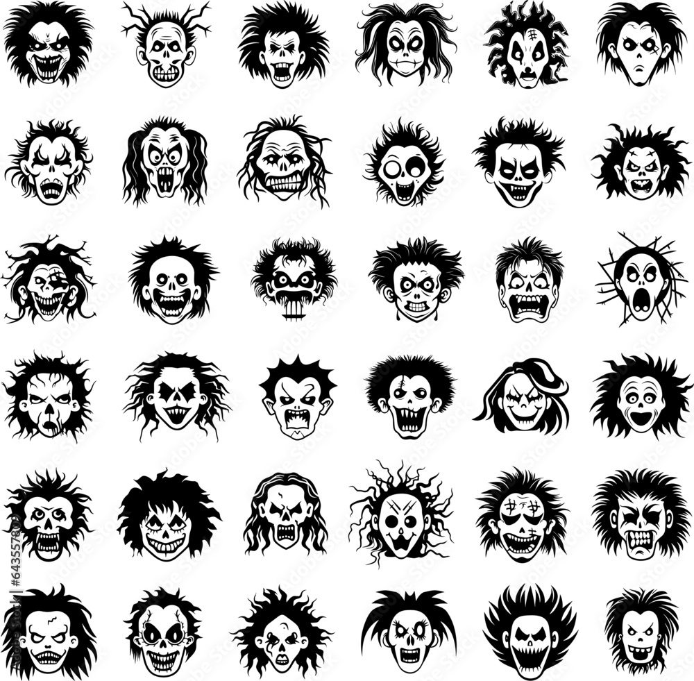 Freaks faces silhouettes. Halloween persons icons, creepy scary ...