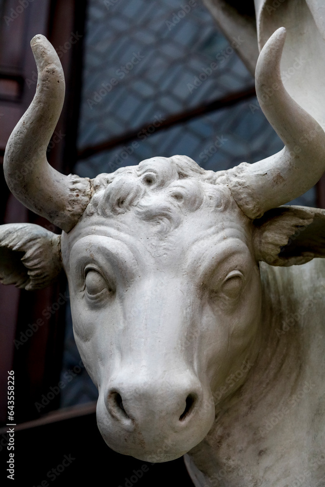 Our Lady cathedral, Antwerp, Belgium. Ox, evangelist St Luke symbol ...