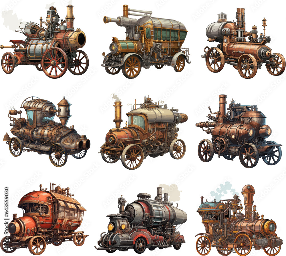 Steam-punk vehicle designs on white background. Steampunk ancient cars ...