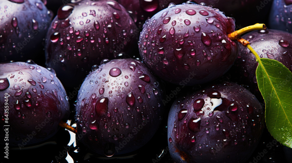 pile of fresh Italian Prune Plum fruits texture with water spots, shot ...