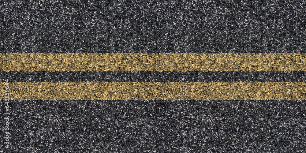 Seamless asphalt texture with unbroken double yellow line at the center ...