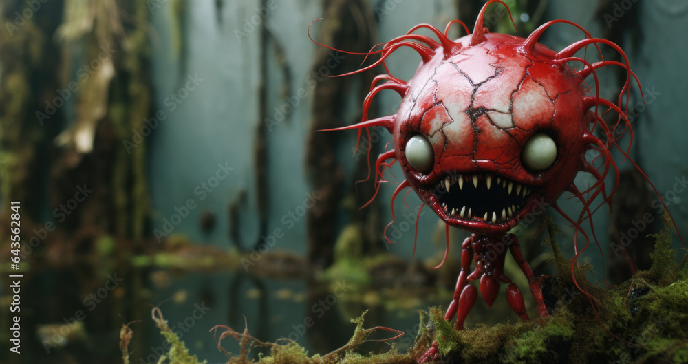 Evil red mutated fungus spore, monstrous sharp and dangerous teeth ...