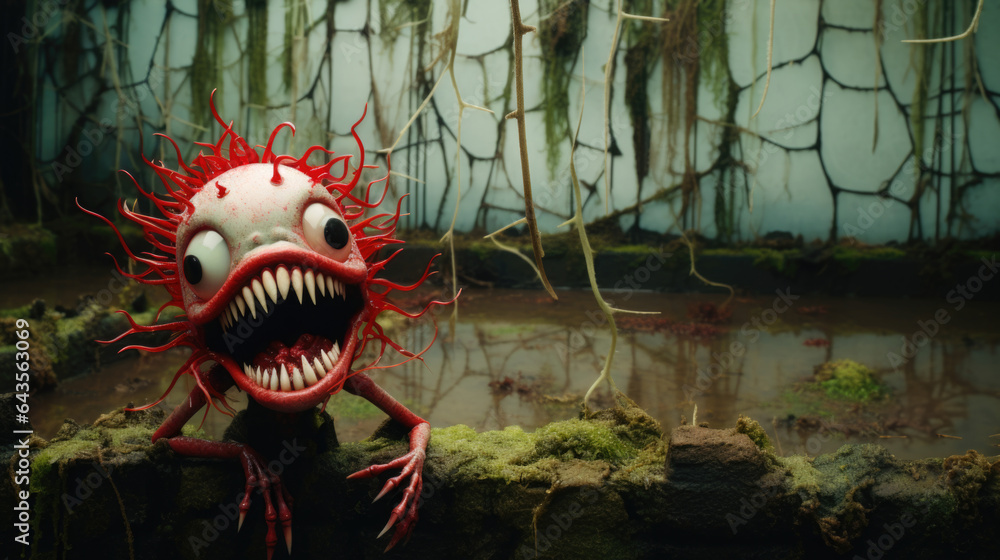 Evil red mutated fungus spore, monstrous sharp and dangerous teeth ...