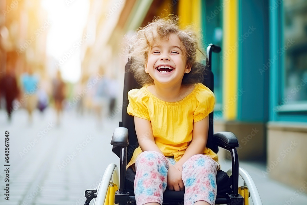 Wheelchair wonders: cute disabled child's happy street adventure, text ...