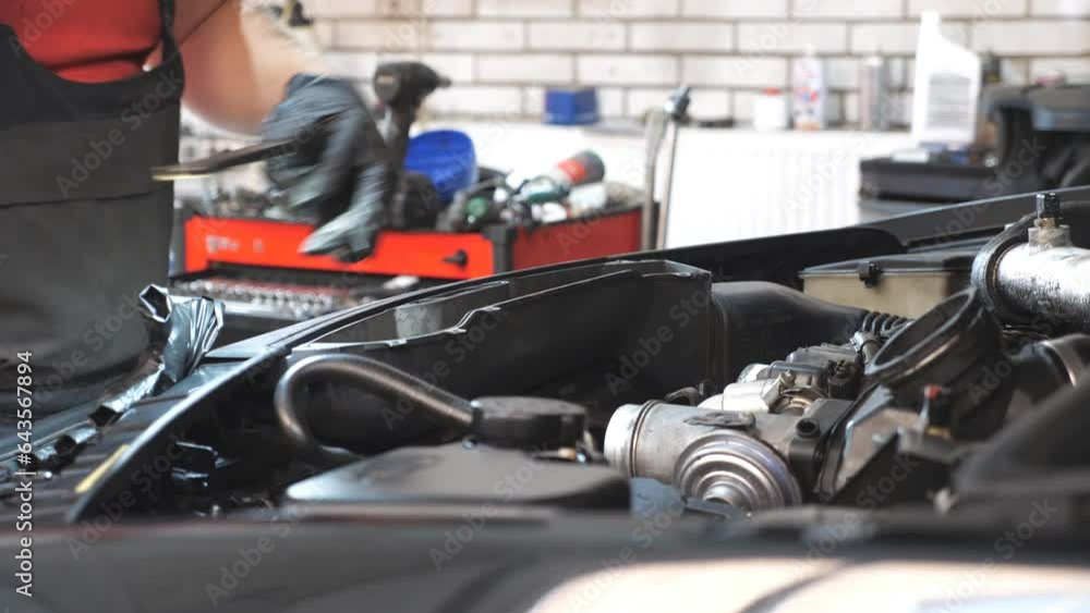 Mechanic inspecting car engine at auto service. Professional repairman ...
