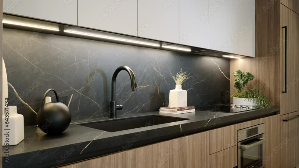 Gorgeous kitchen with white and brown cabinetry, led lightning under ...