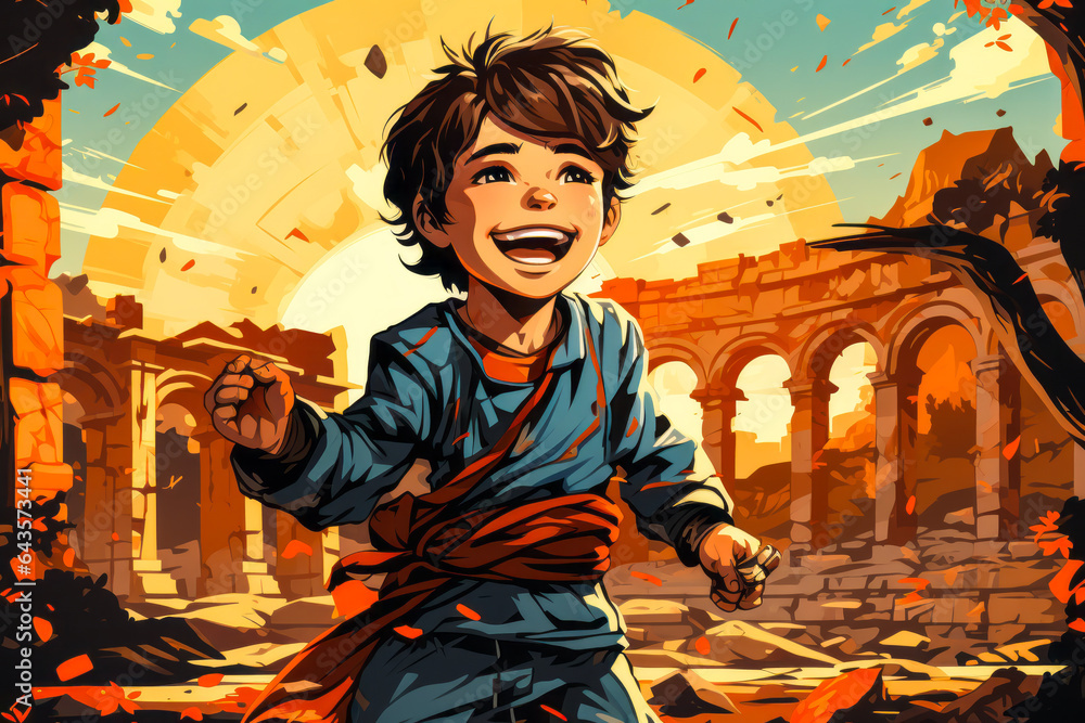 Vibrant illustration capturing a cheerful Roman child, in toga with ...