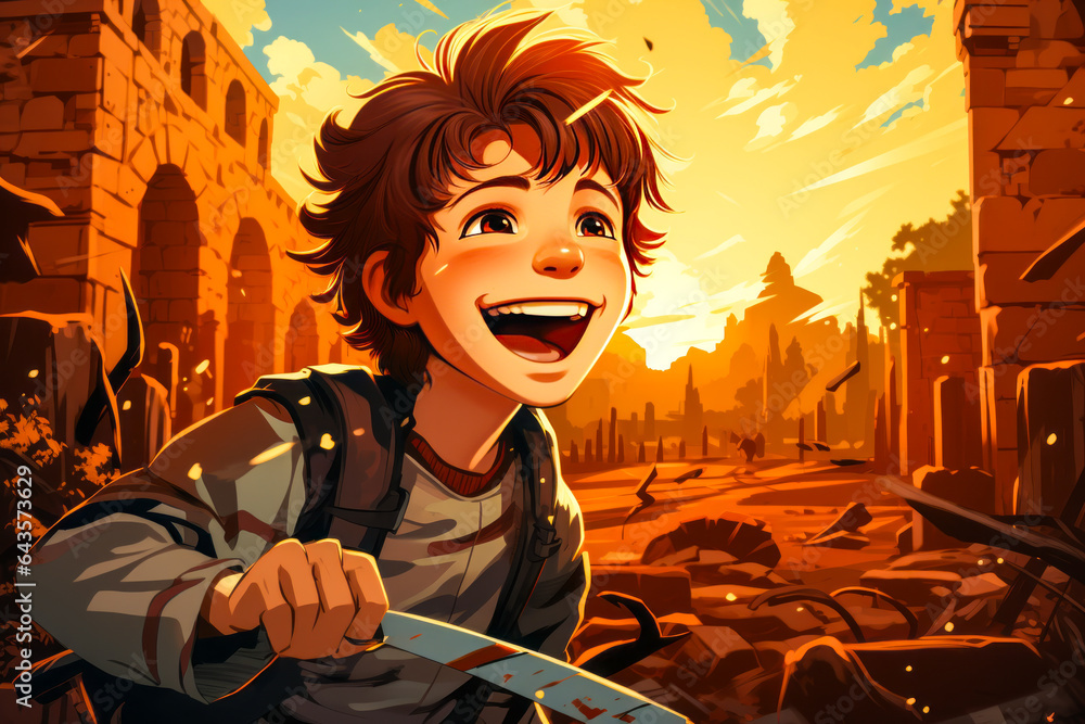 Vibrant illustration of a cheerful Roman child in toga, playfully ...
