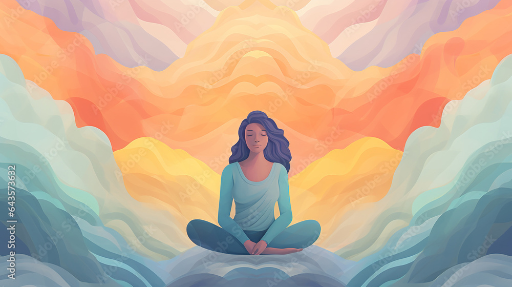 Illustration of a woman performs meditation in pastel comic style ...