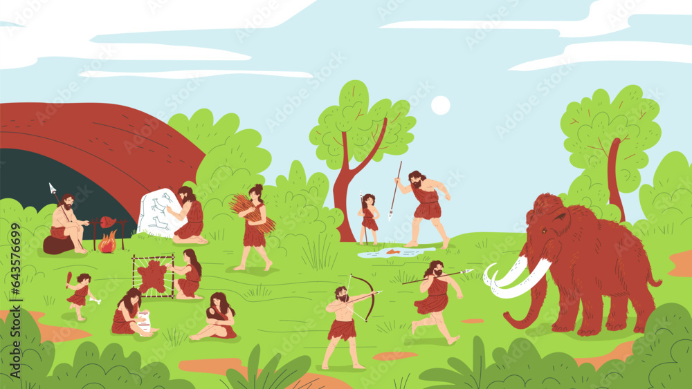 Tribal primitive cave people life in wild, vector hand drawn Stone age ...