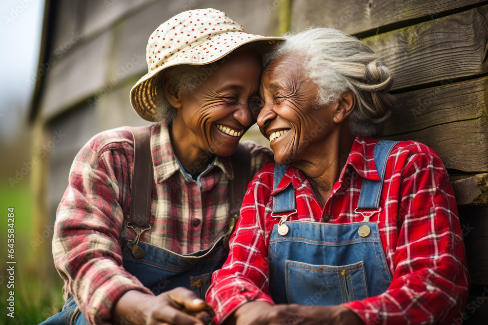 Authentic, tender moment between a loving lesbian couple in overalls ...