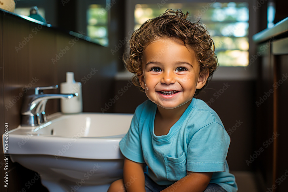 Adorable toddler mastering potty training, sitting concentrated on the ...