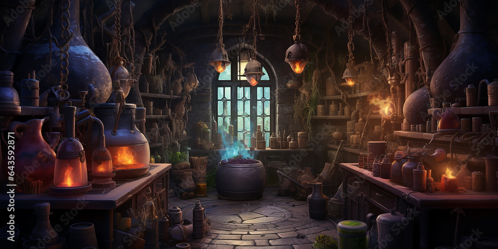 a witch's lair with bubbling cauldrons, potion ingredients, and magical ...
