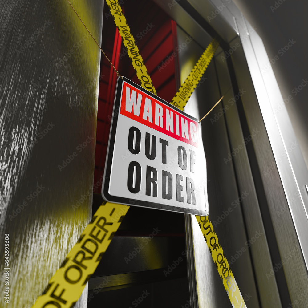 Out of order warning sign in front of a broken aluminum elevator door ...