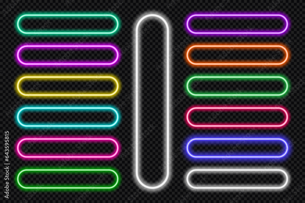 Neon button frames pill set. Glowing coloful rounded rectangle border ...