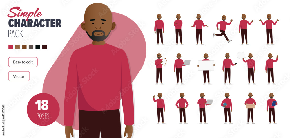 Simple flat 2d black male vector character in a set of multiple poses ...