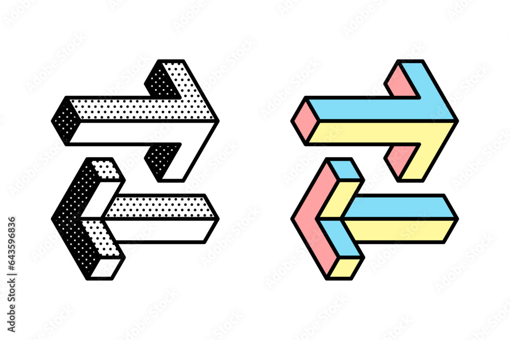 Isometric arrow logo. Optical illusion sign. Retro 3D icons set with ...