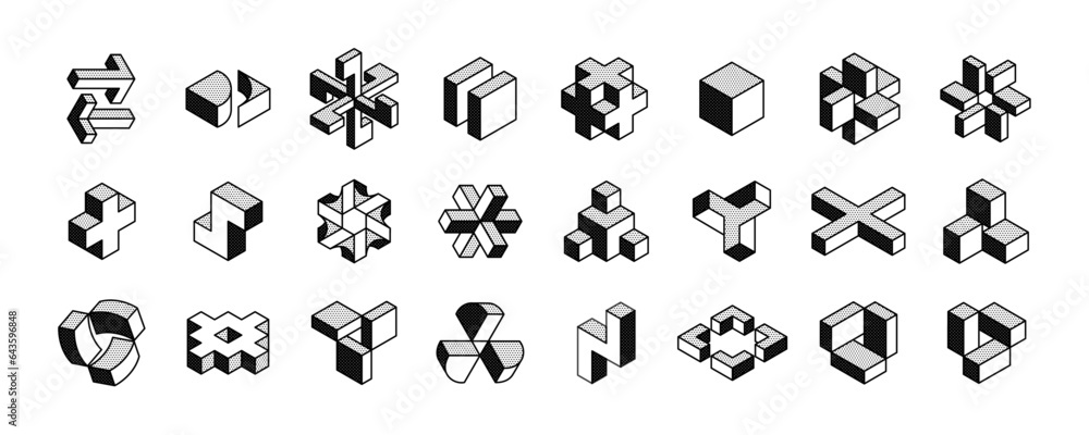 Isometric Hexagon Star Arrow Cubic And Abstract Logos Set Optical Illusion Retro 3d Icons
