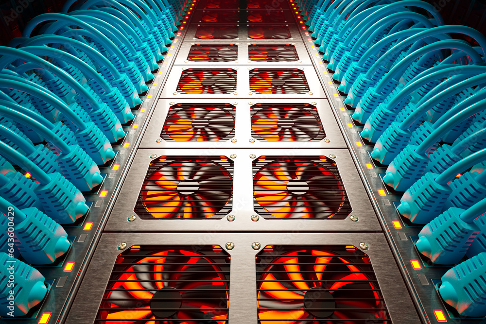 Colourful blue cables in a server cabinet lit by a single spotlight ...