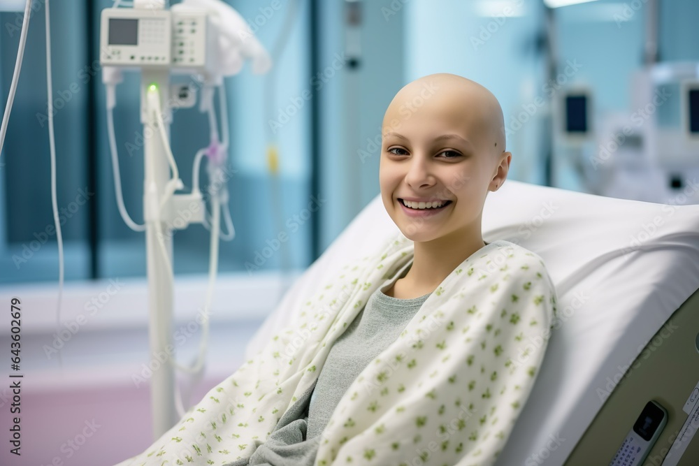 Bald girl smiling in cancer hospital bed under therapy for battling ...