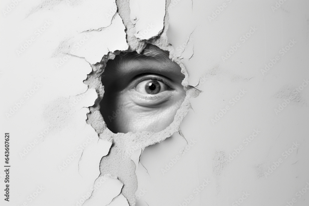 Eye looking through a hole in white paper. Conceptual image. Stock ...