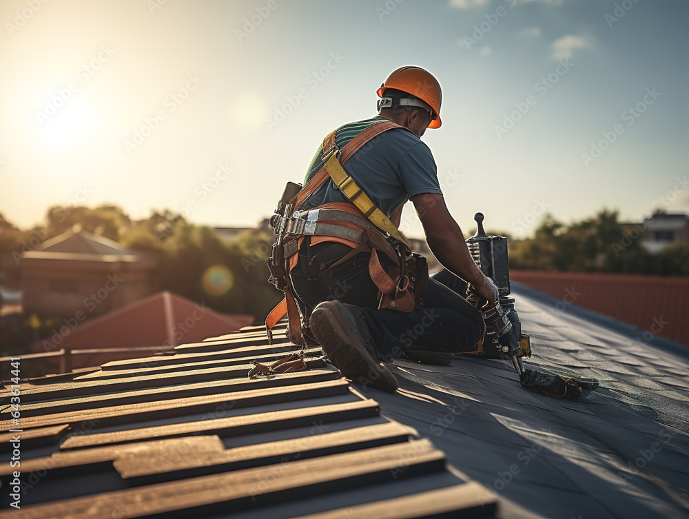 Back view of construction worker wearing safety uniform during working ...