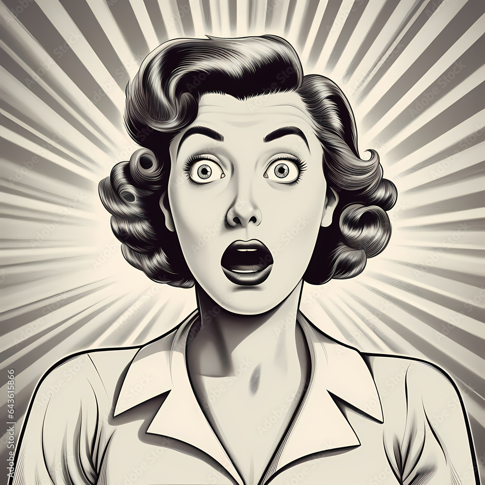 shocked woman with short curly hair in monochrome 1950s comic book ...