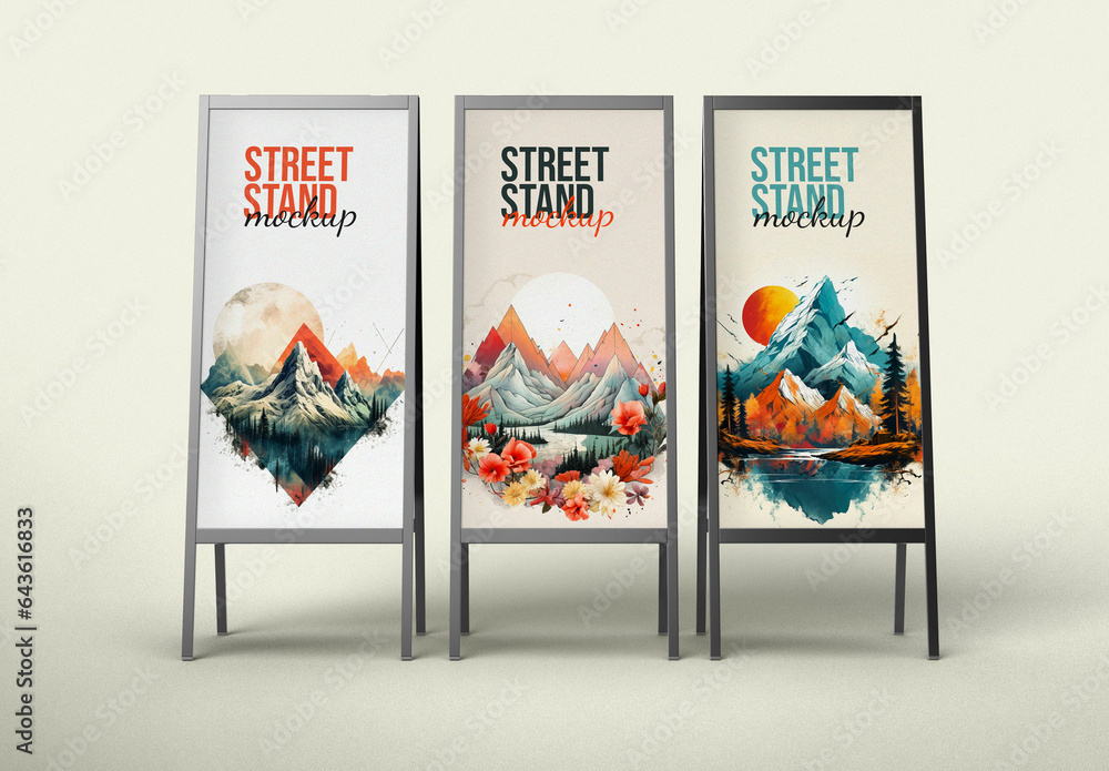Triple Street Stand Mockup – Outdoor Advertising Display with Realistic ...
