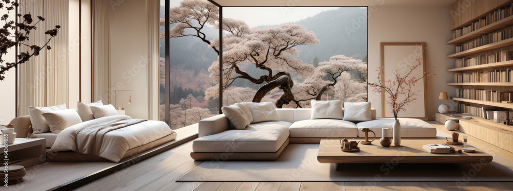 A modern Japanese Zen lounge with cherry blossom (sakura) accents ...