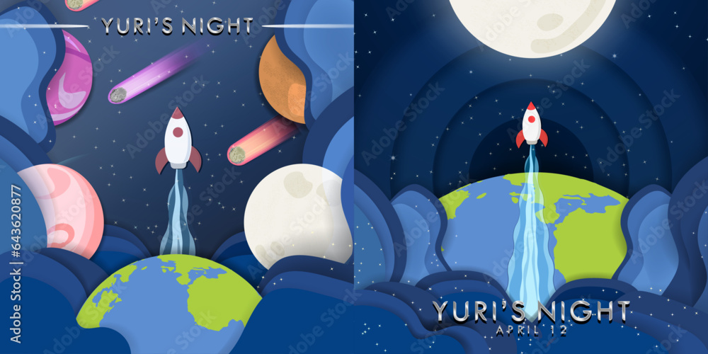 Paper Origami Yuri's Night Poster Set. Paper cutout of solar system and ...