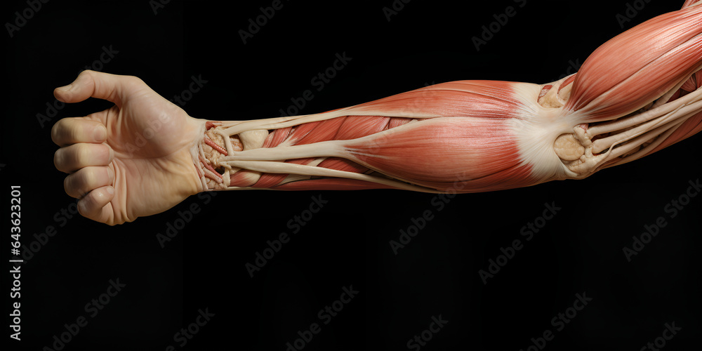 model of a human hand showing the muscles on dark background, Muscle ...