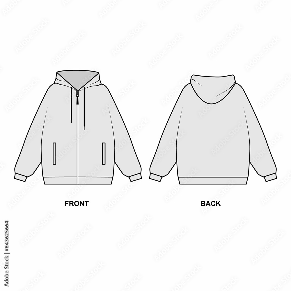 Technical drawing of a classic hoodie with a front zipper, isolated on ...
