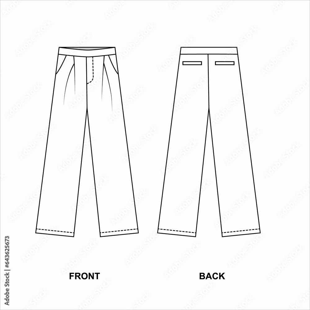 Technical drawing of straight trousers isolate on a white background ...