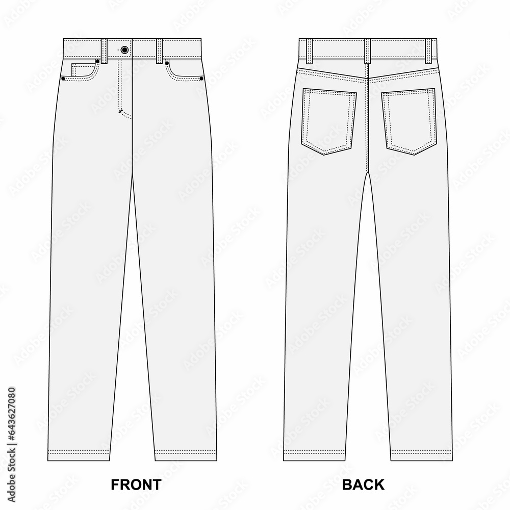Technical drawing of jeans front and back view. Sketch of straight ...