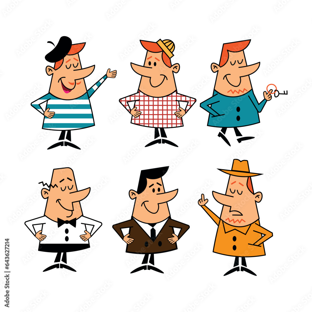 set of vintage cartoon characters, mid century modern mascots, vector ...