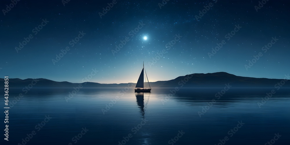 Sailing yacht in the night sea. Minimalist sailing background of a ...
