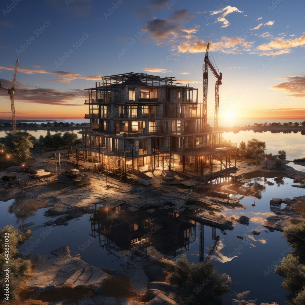 Construction building process with crane elements, unfinished building ...