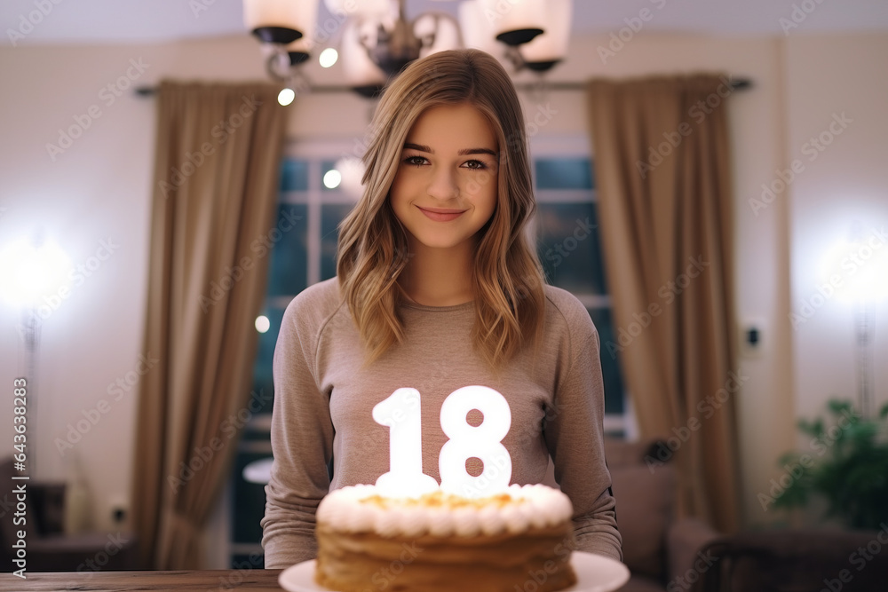Cute 18 year old teen girl in front of a cake, celebrating her eighteen ...