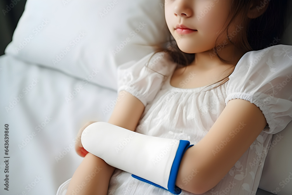 Child patient. Girl alone arm splint from a broken arm lying on a ...